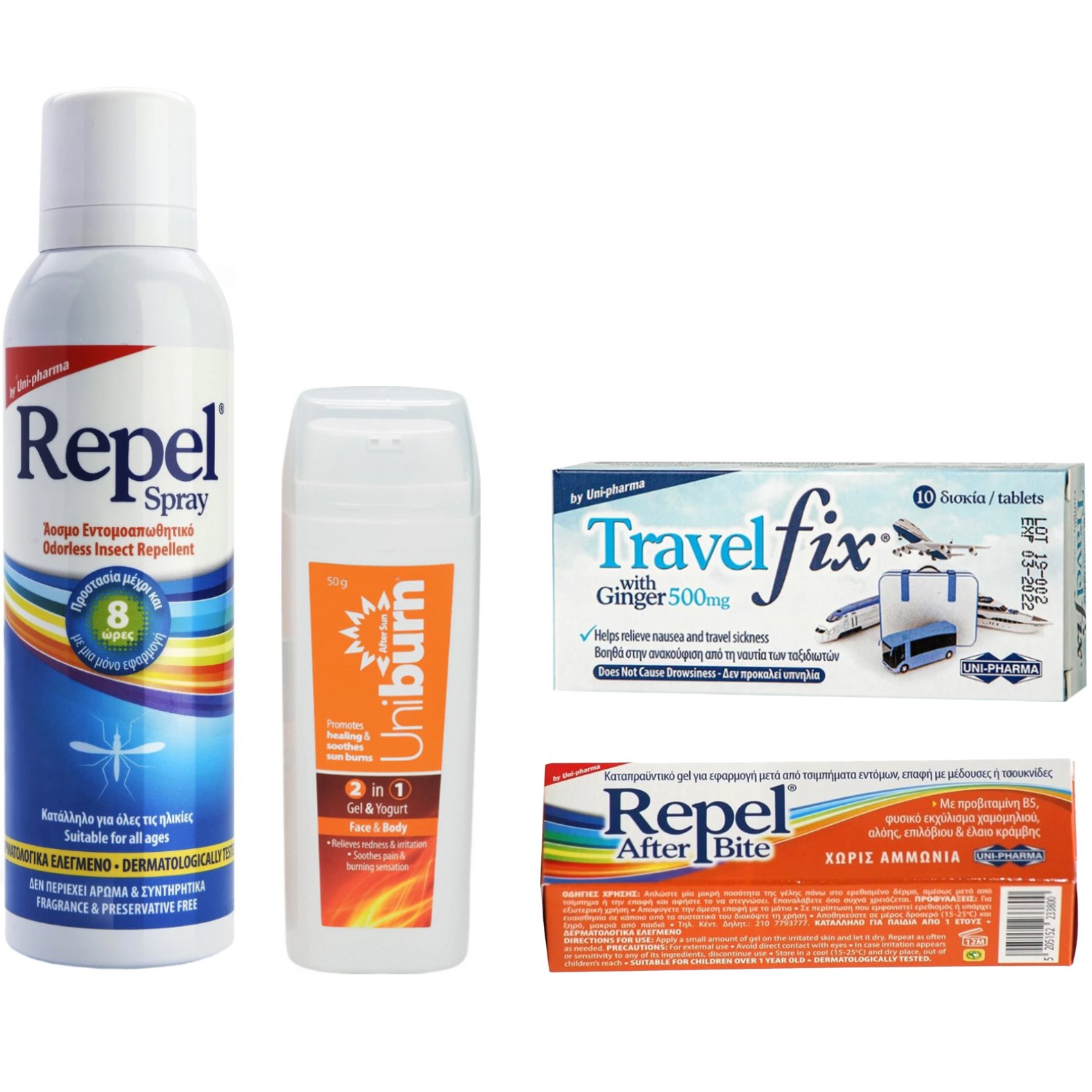 Σετ Uni-Pharma Repel Spray 150ml & Repel After Bite Gel 20ml & Uniburn ...